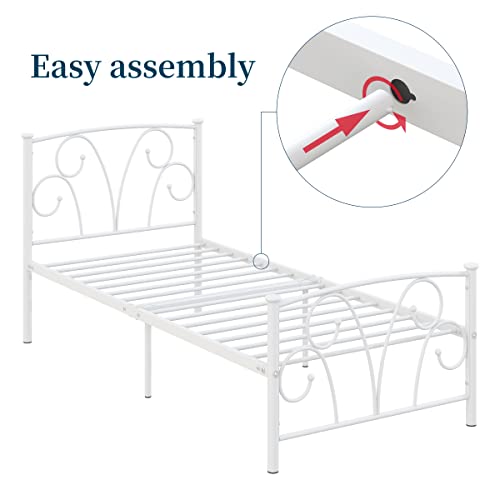 Elephance Twin Bed Frame with Headboard, Metal Platform Bed Frame with 12 Inch Storage Space No Box Spring Needed (White)