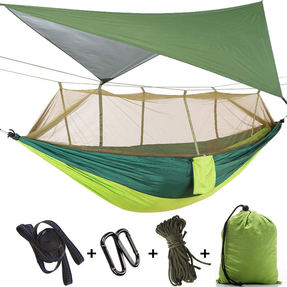 Camping Hammock with Mosquito Net & Rain Fly Tent Tarp & Tree Straps Portable Lightweight Double Nylon Hammock for Camping Hiking Travel Outdoor Backpacking