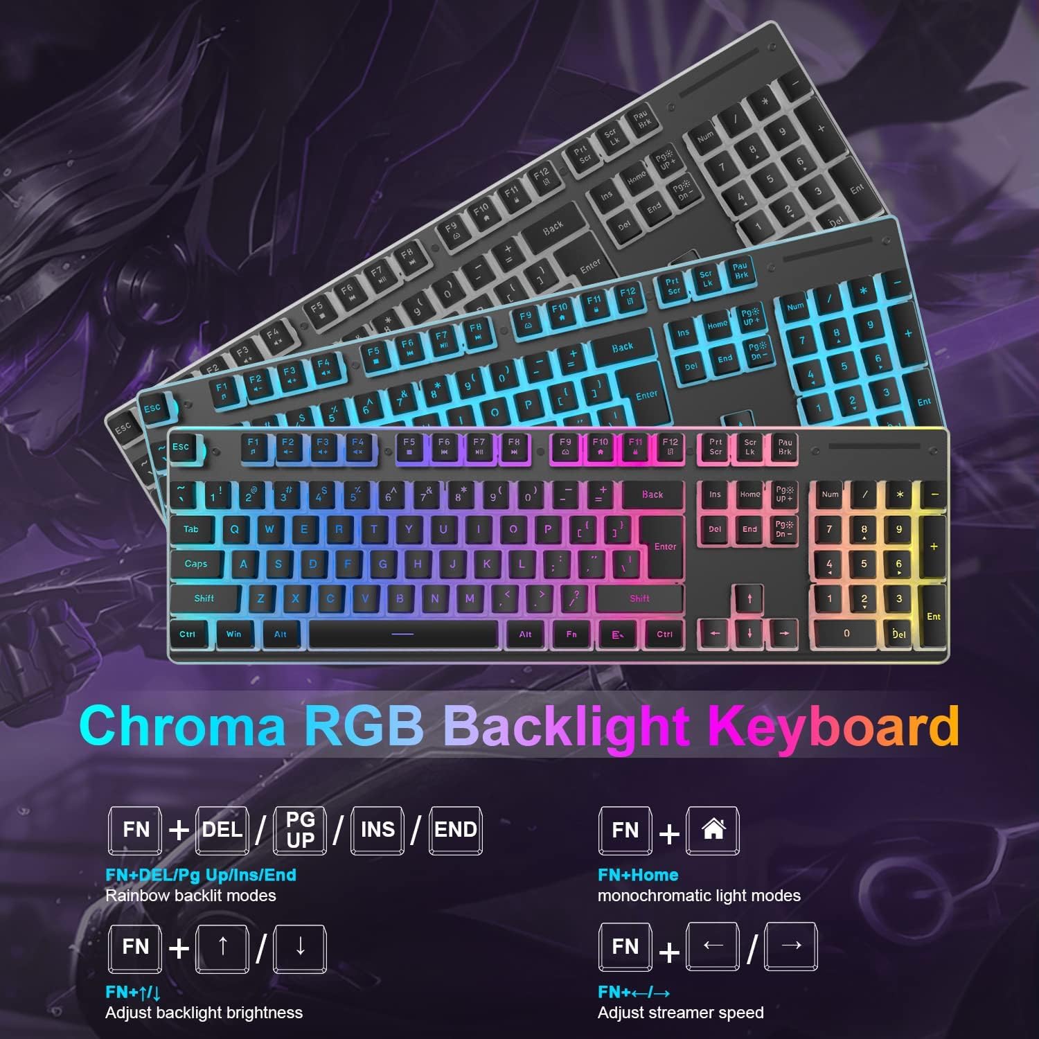 FELICON L96 Wireless Keyboard Mouse Combo, 3650mAh Rechargeable RGB Full Size Keyboard with Pudding Keycaps, Ergonomic Mechanical Feel 4800 DPi Rainbow Led Mute Mouse 2.4G USB for PC/Mac(Black)