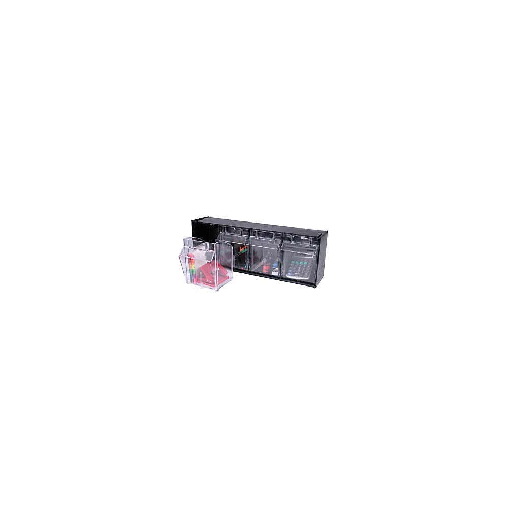 deflecto Tilt Bin Interlocking Multi-Bin Storage Organizer, 4 Sections, 23.63" X 6.63" X 8.13", Black/Clear