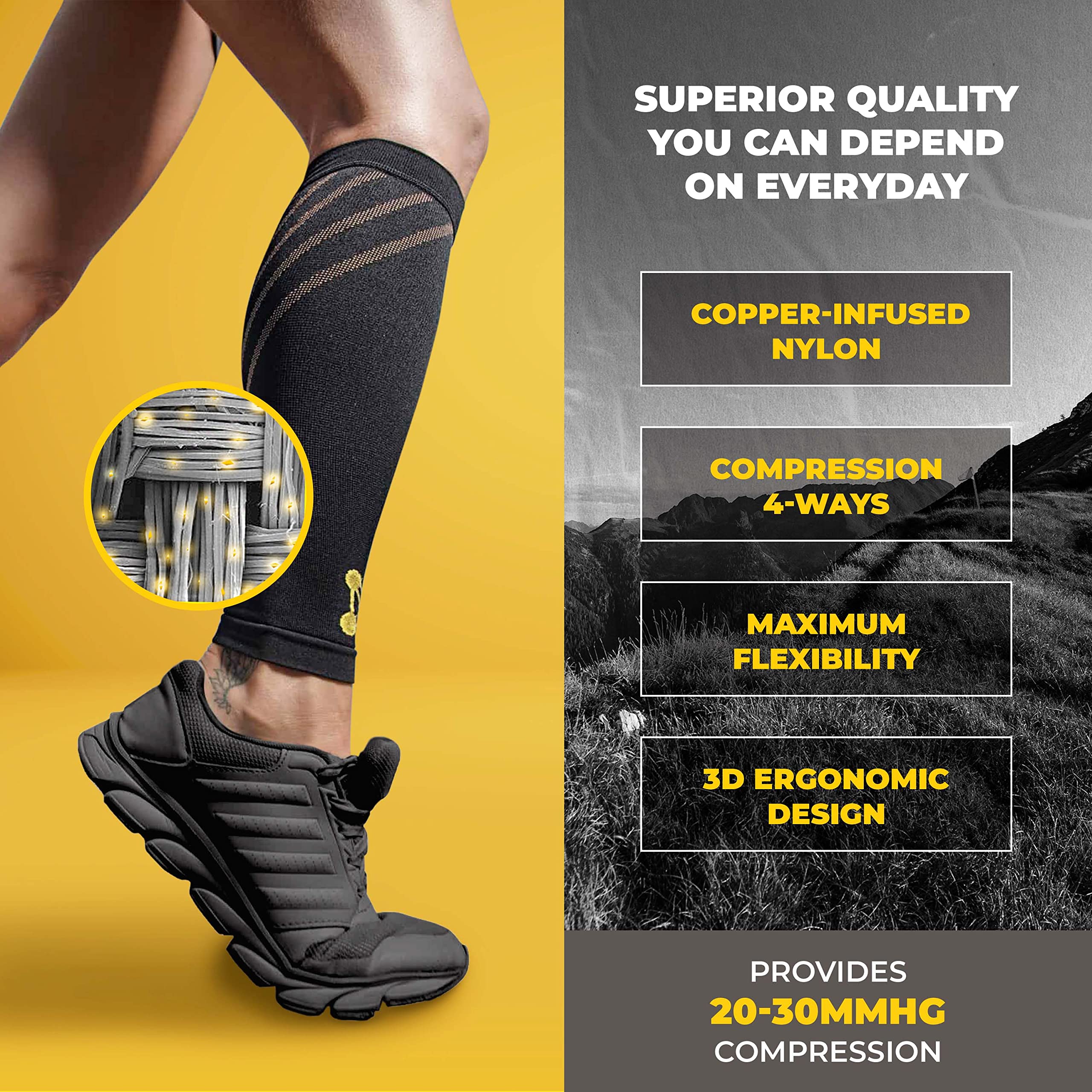 Calf Compression Sleeves for Men & Women - Leg Sleeve and Shin Splints Support - Ideal for Leg Cramp Relief, Varicose Veins, Running - 20-30mmHg Copper Infused Nylon by CopperJoint - Large