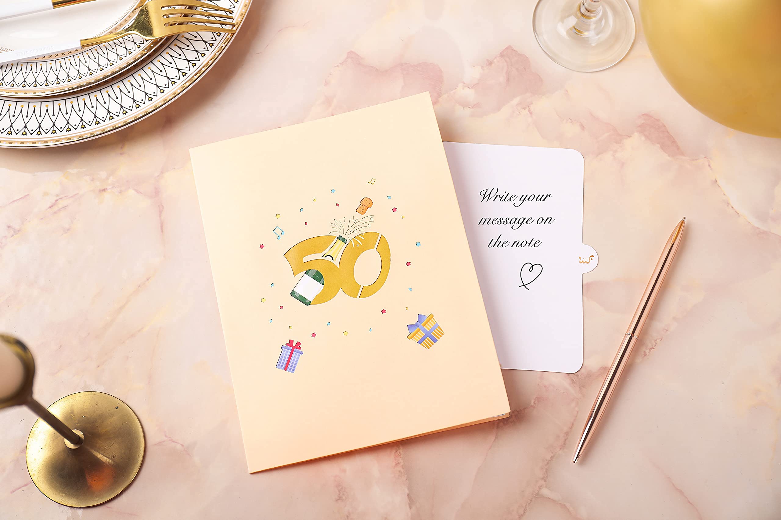 Liif 50th Birthday 3D Greeting Pop Up Card, Happy 50th Birthday Card For Women, Men, Husband - Balloon, Champagne, Funny, Fifty, Celebration| With Message Note & Envelop | Size 8" X 6"