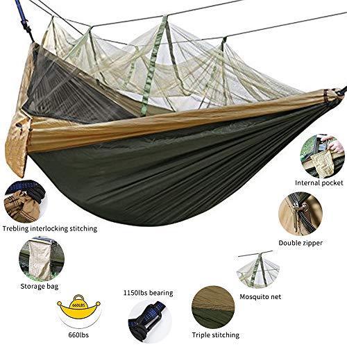 Camping Hammock, Double & Single Hammock with Bug Net/Mosquito, with Travel Portable Tree Straps and Carabiners, Easy Assembly, Lightweight Parachute Nylon Hammocks for Backpacking, Beach, Hiking