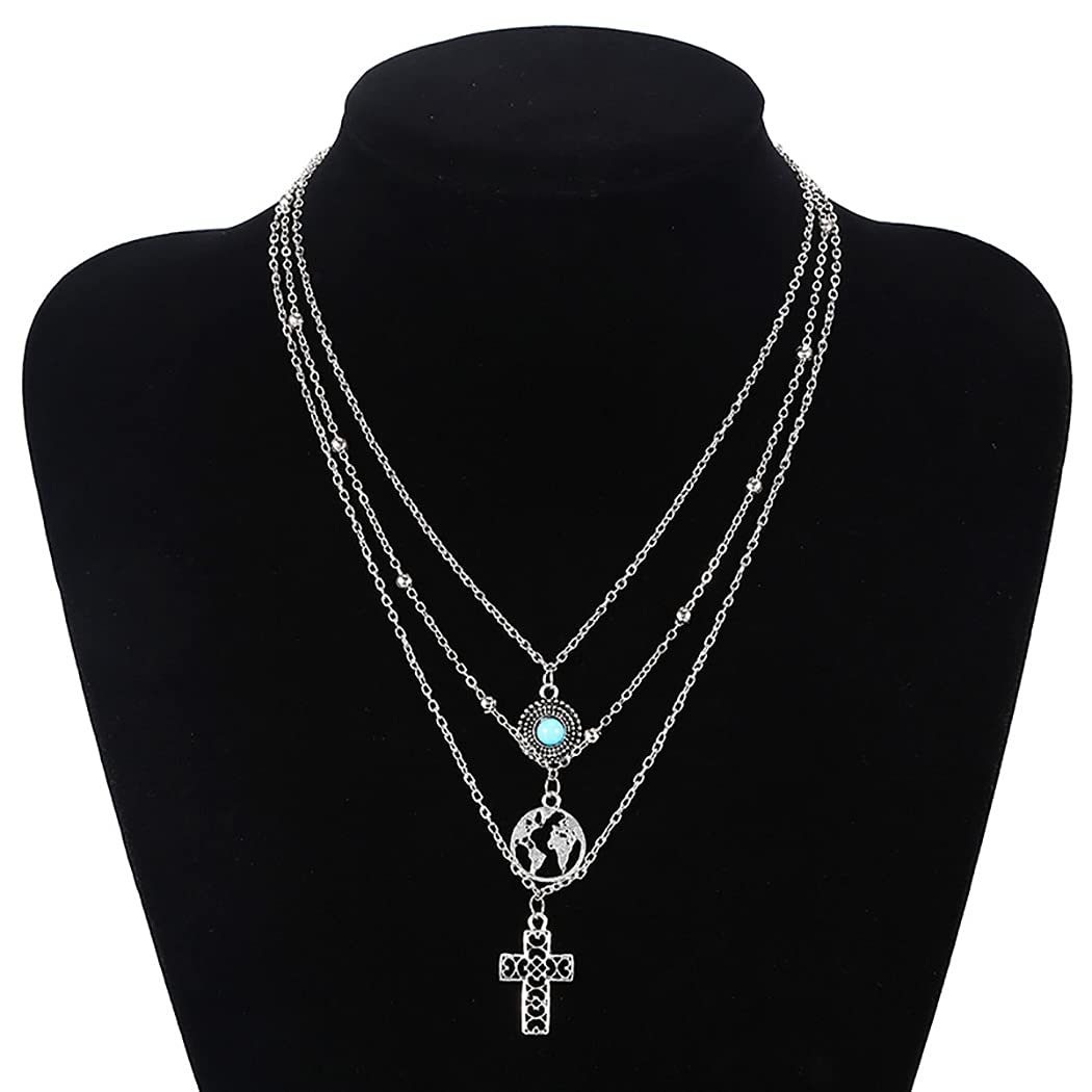 Ckecharfa Layered Turquoise Necklace Silver Cross Necklaces Adjustable Chain Jewelry for Women(A-Silver)