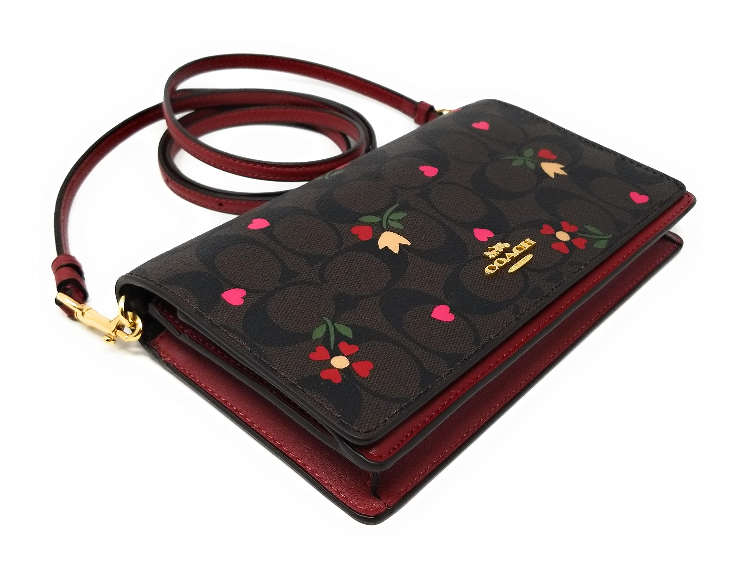Coach Womens Anna Foldover Crossbody Clutch (Signature Canvas - Heart Petal Print - Brown Multi)