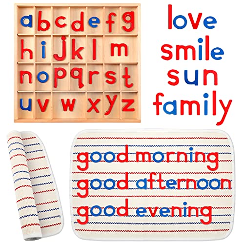Montessori Letters Movable Wood Alphabet with Box and Large Mat Small Wooden Alphabet Letters Montessori Trays Preschool Spelling Learning Language Materials Objects, Red, Blue