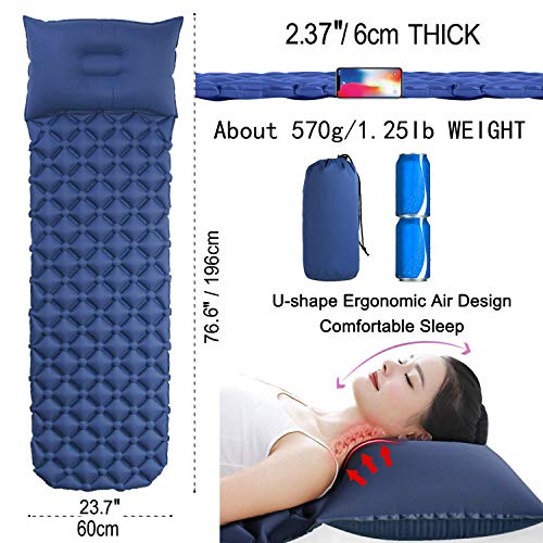 Camping Sleeping Pad - Mat Hiking Air Mattress Lightweight, Inflatable & Compact, Camp Sleep Pad with Pillow for Backpacking Traveling (Blue)