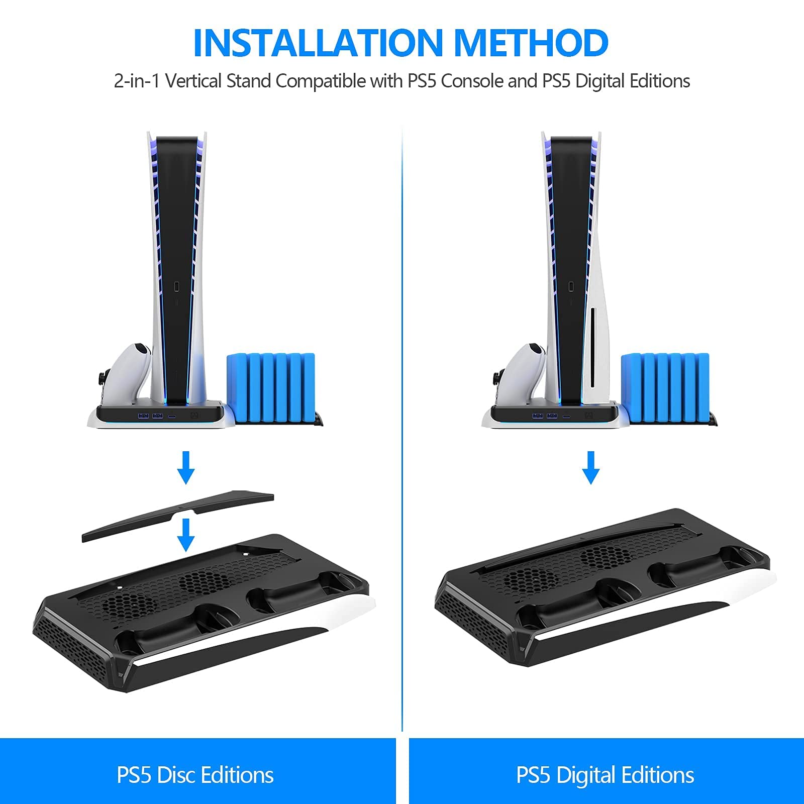CYBERMIX PS5 Vertical Stand with Cooling Fans and Dual Controller Charger Station Compatible with Playstation 5 Disc & Digital Editions, Built-in 12 Game Storage, White+Black
