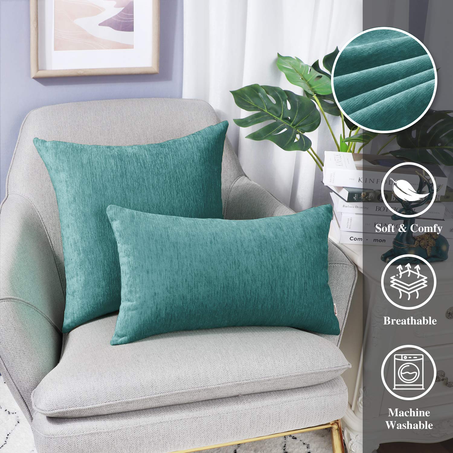 BRAWARM Chenille Throw Pillow Covers 20x20 Inches - Teal Chenille Pillow Covers Pack of 2, Solid Dyed Soft Chenille Pillow Cases for Couch Sofa Bed Home Decoration