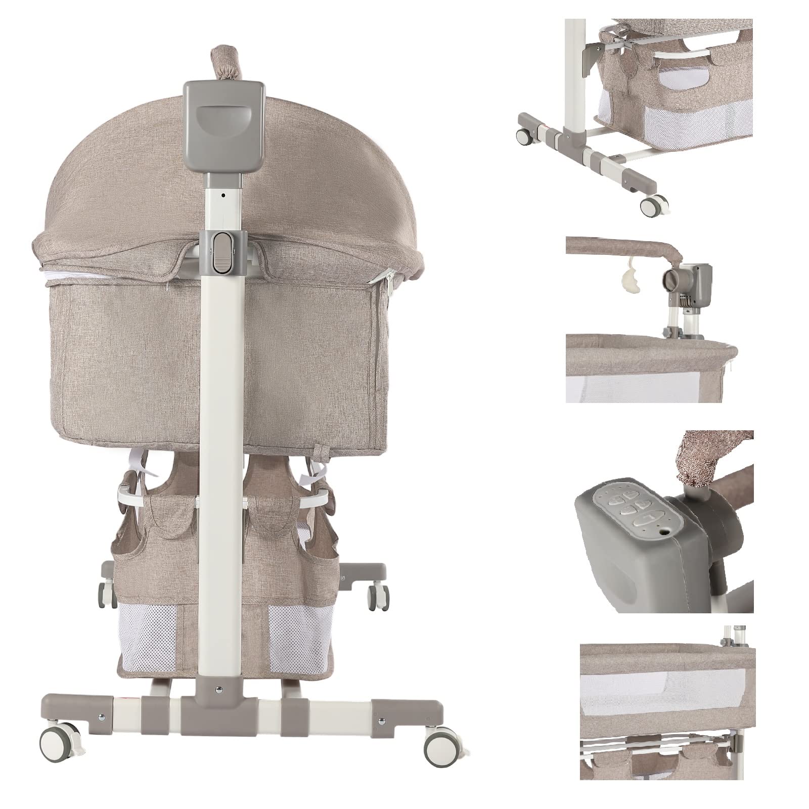 CNCEST Smart Electric Baby Bassinet Bedside Sleeper,Music Play,Automatic Cradle with 3 Speed Timing,5 Speed Wobbling,Portable Baby Bed Height Adjustable Crib,Nets+Mattresses