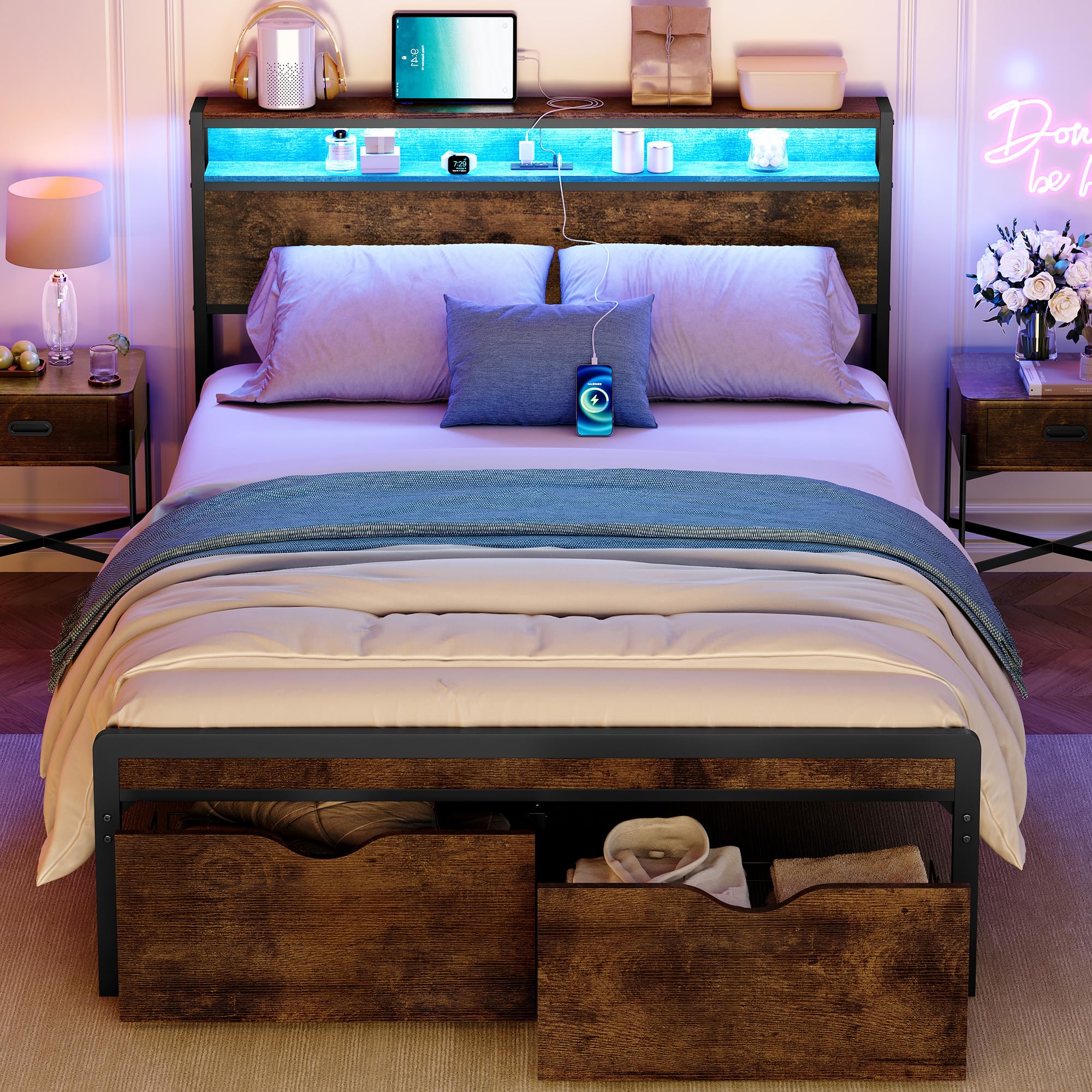 FAVOOSTY Full Bed Frame with 2-Tier Storage Headboard, Metal Platform Bed Frame with 2 Storage Drawers & Charging Station & LED Lights, Noise-Free/Metal Support/No Box Spring Needed, Vintage Brown