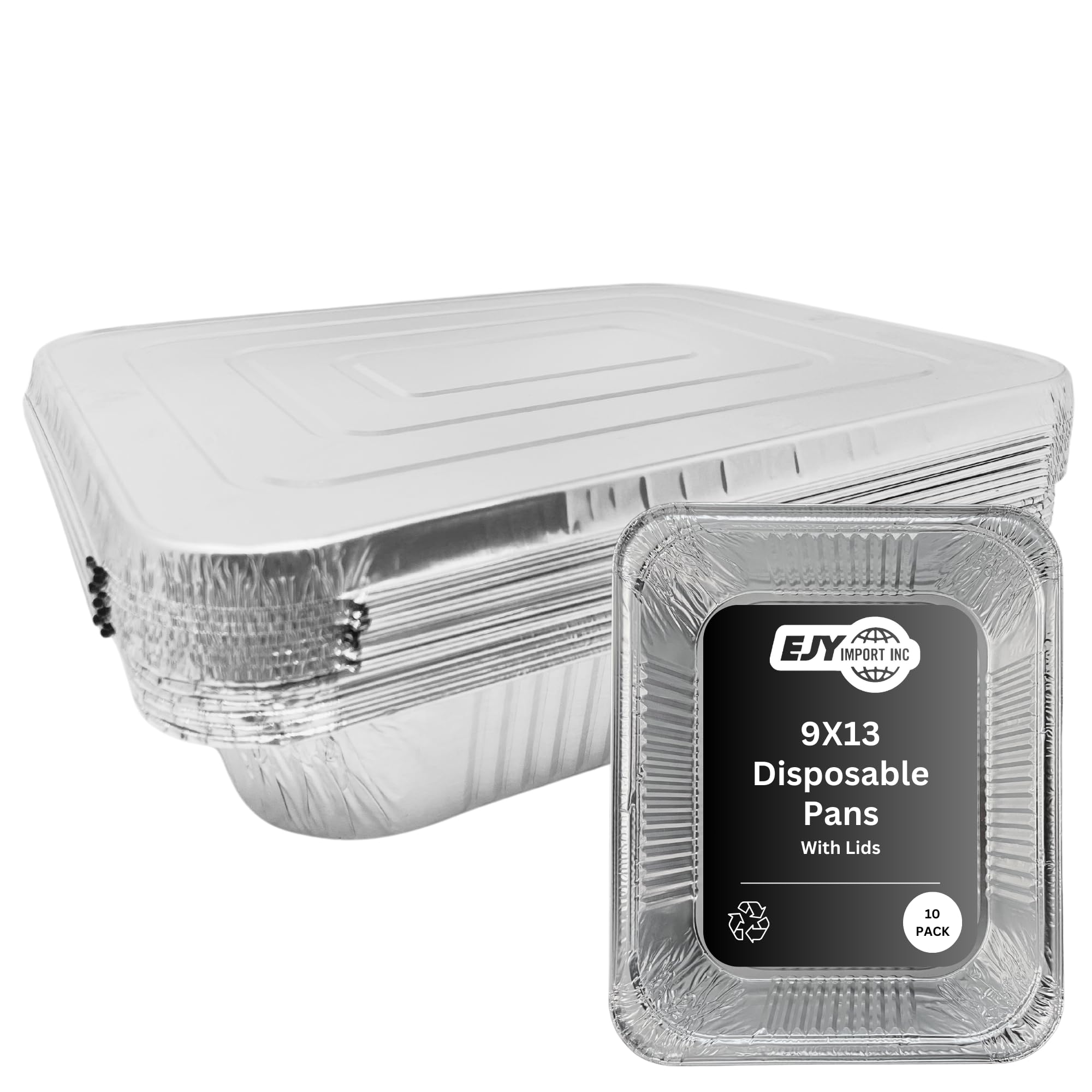 EJY IMPORT Aluminum Pans Half Size, 9x13, Heavy Duty Disposable Foil Pans For Baking, Chafing & Roasting, Deep Tin Foil Bakeware, Food Prepping, Steam Table Tray. (10 Pack, With Lids)
