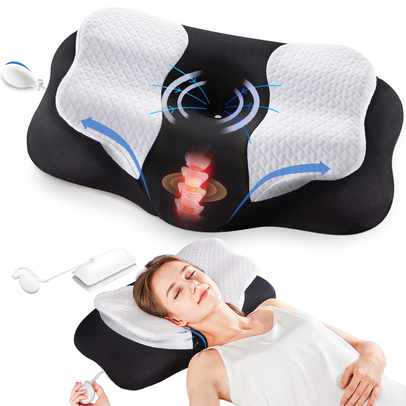 Cervical Memory Foam Pillows, Side Sleeper Pillow for Neck Shoulder Pain Relive Orthopedic Contour Ergonomic Inflatable Height Adjustable Pillow for Back Stomach Side Sleepers with Air Bag