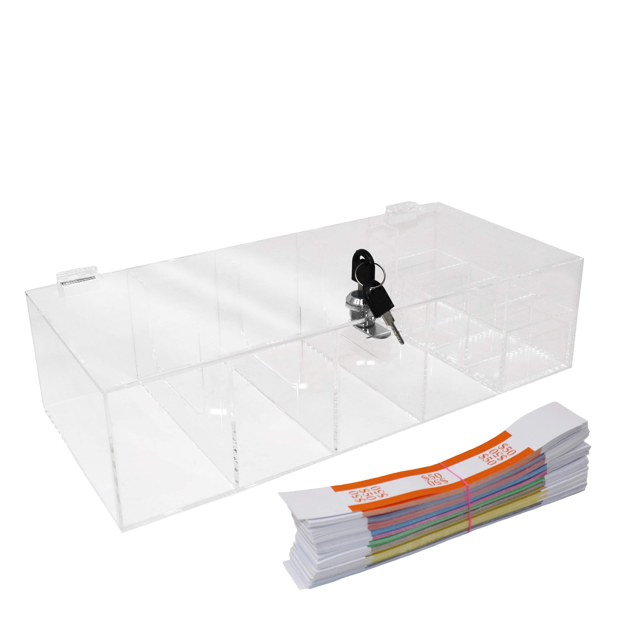 Clear Currency Tray, 5 Compartment Cash Organizer Money Storage Box, 300 Currency Wrappers Included