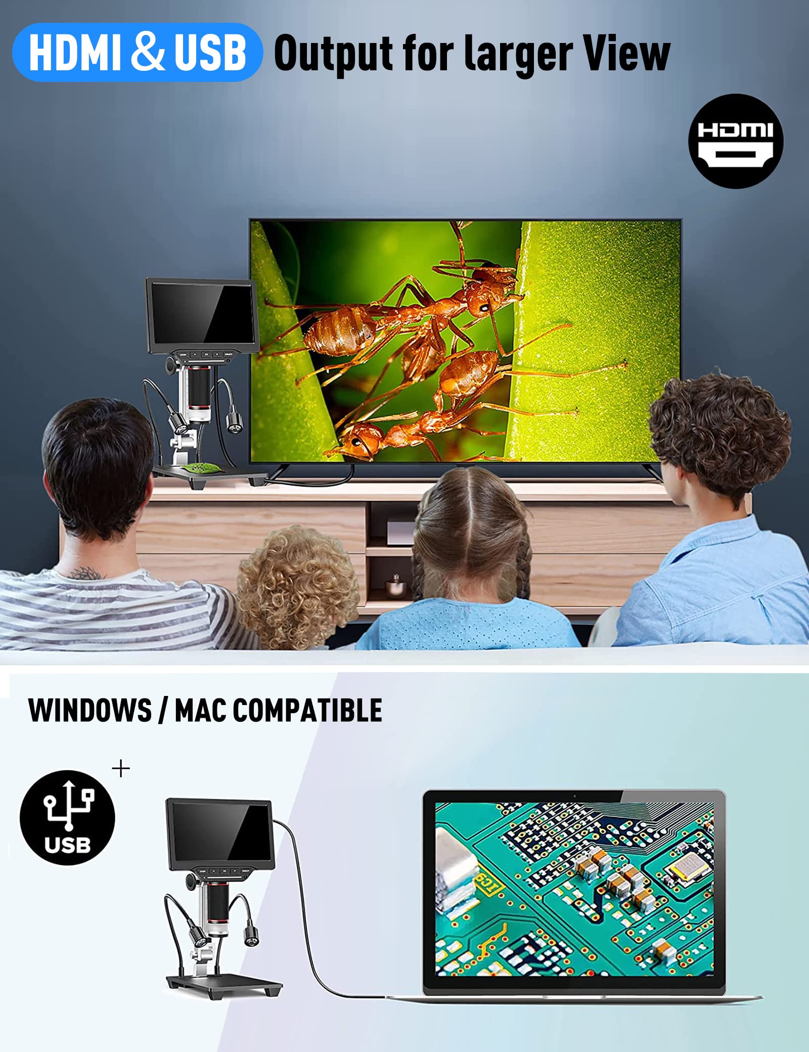 Dcorn Digital Microscope – 7 inch HDMI LCD Coin Microscope with 4.7 inch Extension Tube – 1300X 16MP Soldering Microscope Camera – Microscope for Adults with Touch Control LED Lights, (HDMI 7 INCH)