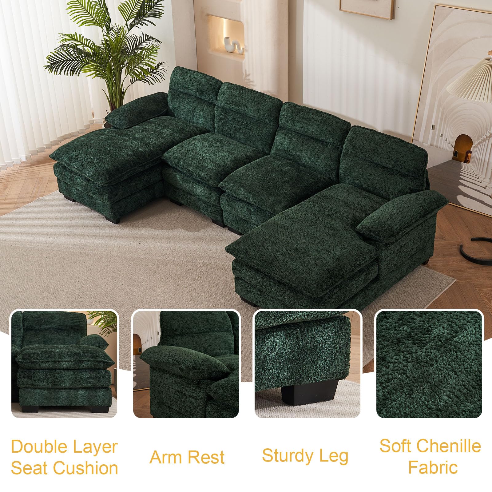 HANLIVES 111.8" Sectional Sofa Couch for Living Room,Modern Chenille Fabric Cloud Couches,6 Seats U-Shaped Sofas with Double Chaise(Green)