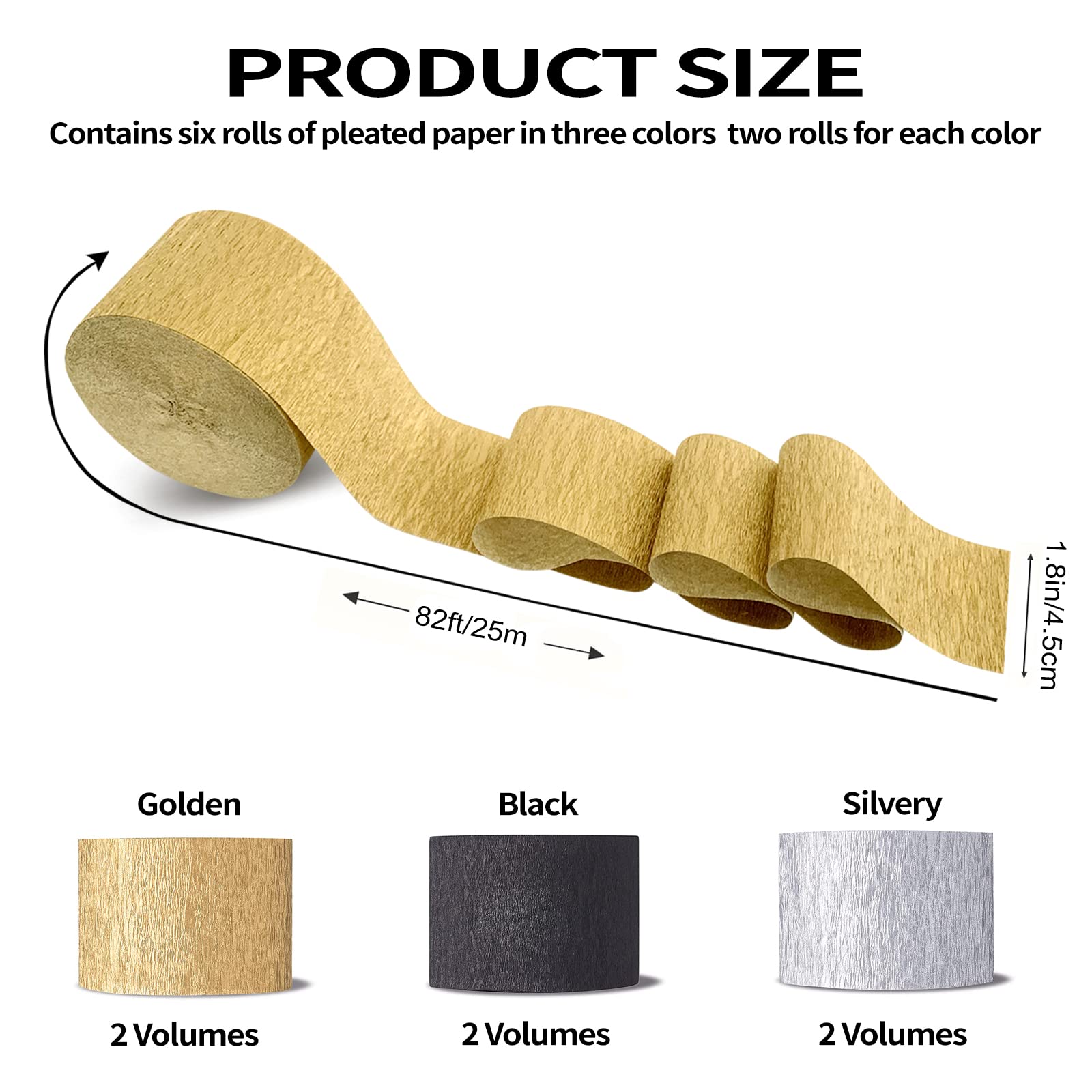 Crepe Paper Streamers 6 Rolls 492ft, Pack of 2 Gold, 2 Silver, 2 Black - Streamers Party Decorations Streamers (1.8 Inch x 82 Ft/Roll),for Party Decorations Birthday Decorations, Wedding Decorations