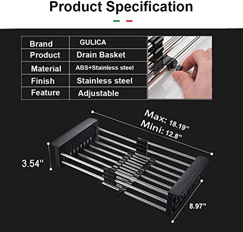 GULICA Dish Drying Rack Black, Adjustable Stainless Steel Drainer Basket Drain Tray for Dish Vegetable Fruit, 18.2" x 8.9", On or in Sink Kitchen Basket Dish Drying Rack