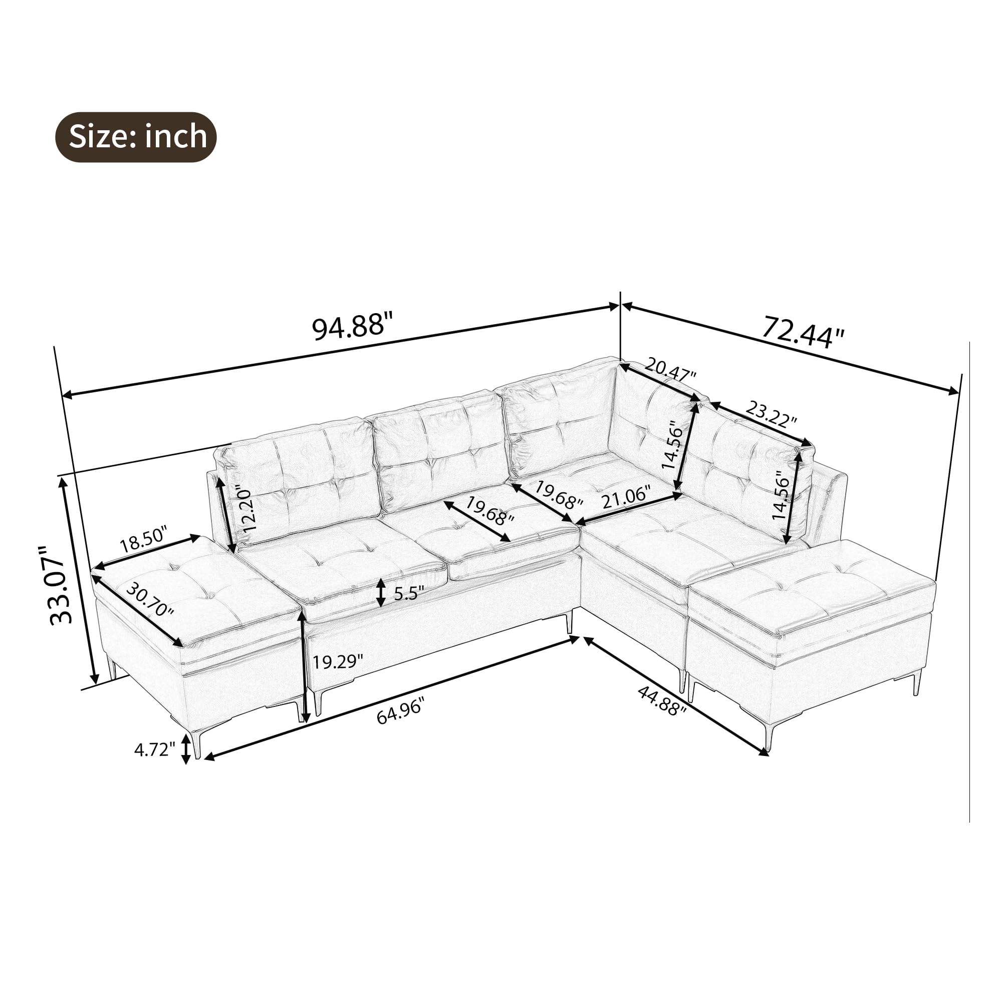 Linique 94.8" L-Shaped Pu Leather Sofa with 2 Movable Storage Ottoman, Modern Sectional Sofa Set for Living Room, Apartment, Black