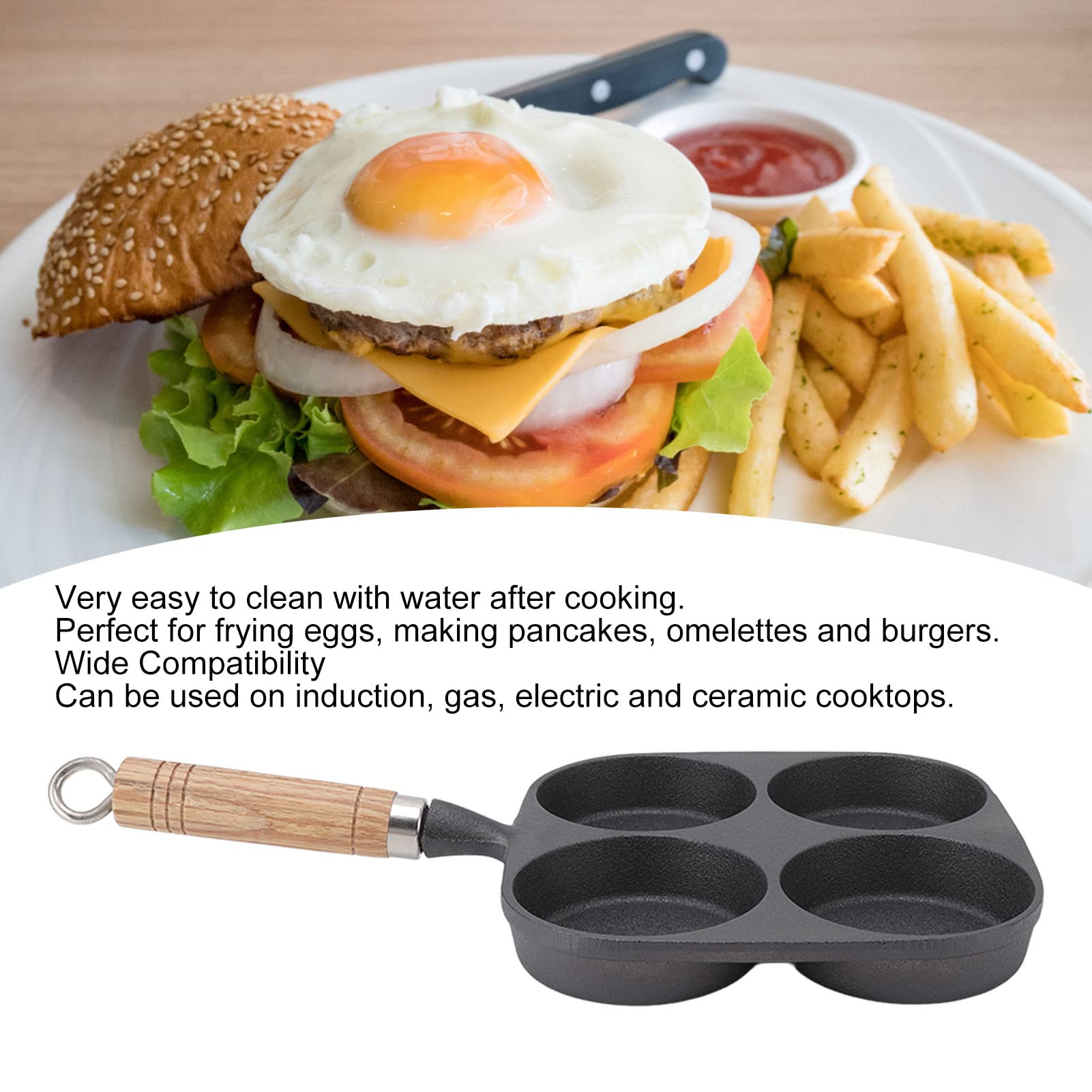 Dussdote Egg Pan, Egg Pan for Egg 4 Cup Egg Frying Pan with Wooden Handle for Breakfast Pancakes Omelettes