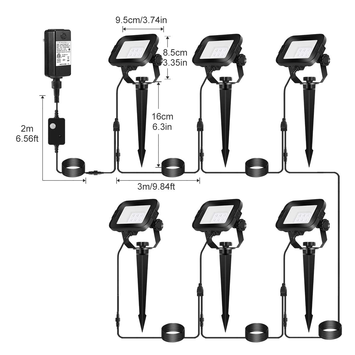 Ucomeuni Outdoor LED Flood Light 6 in 1 Color Changing LED Lighting 12V Landscape Lights with UL Adapter IP66 Waterproof Garden Pathway Light with Metal Spike Stand for Yard, Lawn, 6 Pack, Black