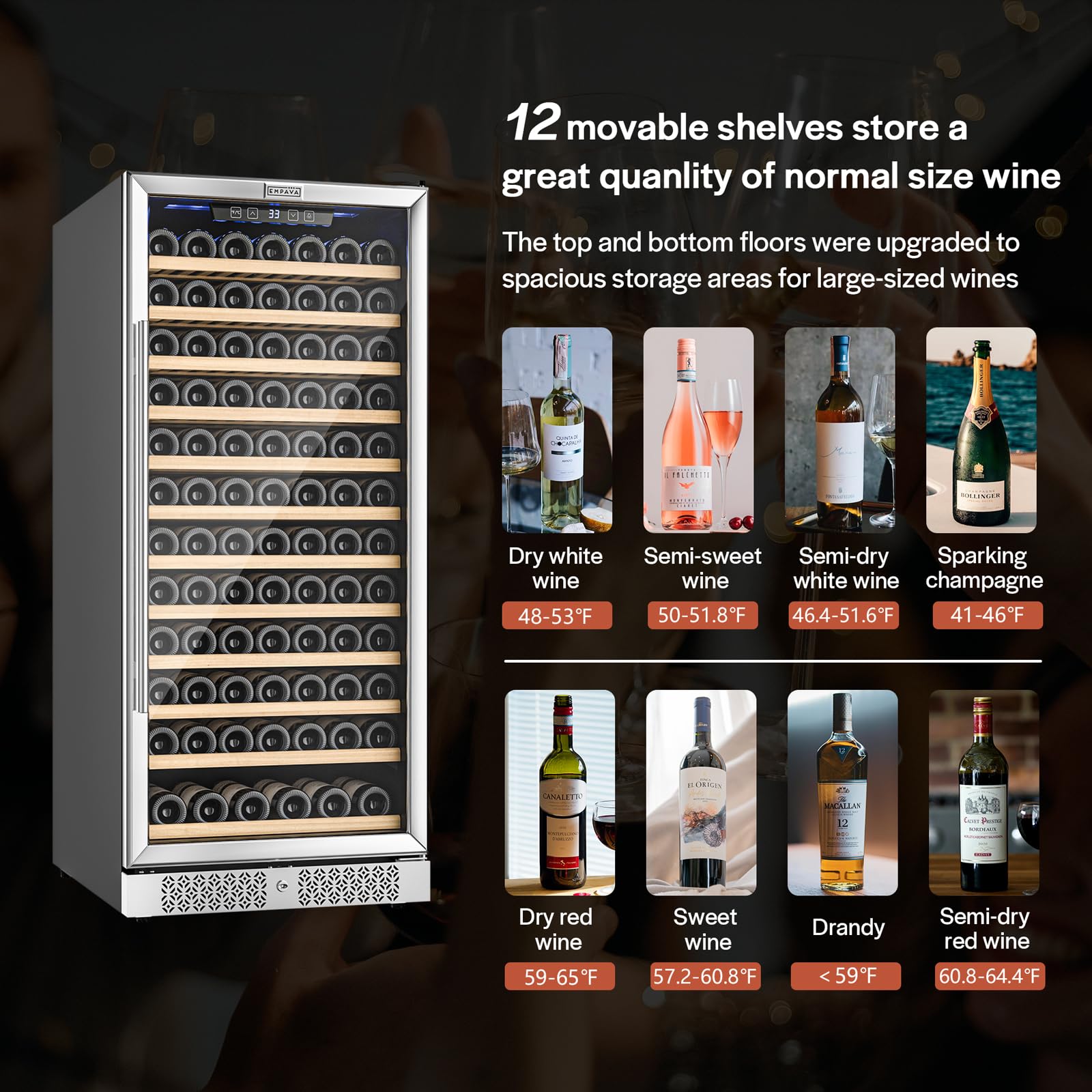 Empava 24" Refrigerator 127 Bottles Single Zone Built in or Freestanding Compressor Fridge Chiller Wine Cooler with Wood Shelves, 24 Inch, Stainless Steel