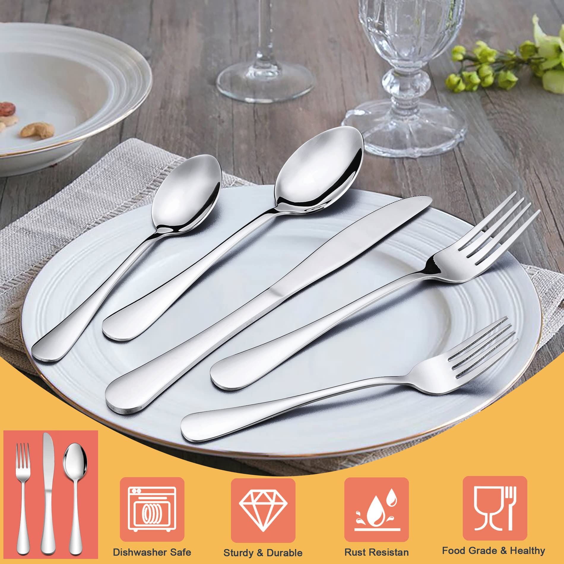 LIANYU 53-Piece Silverware Set for 8, Stainless Steel Flatware with Steak Knives and Serving Utensils, Forks and Spoons Silverware Set, Cutlery Set for Home, Dishwasher Safe