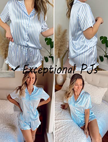HOTOUCH Womens Satin Pajama Set With Short Sleeve Button-Down Comfy Pjs Loungewear, Blue Stripe, X-Large