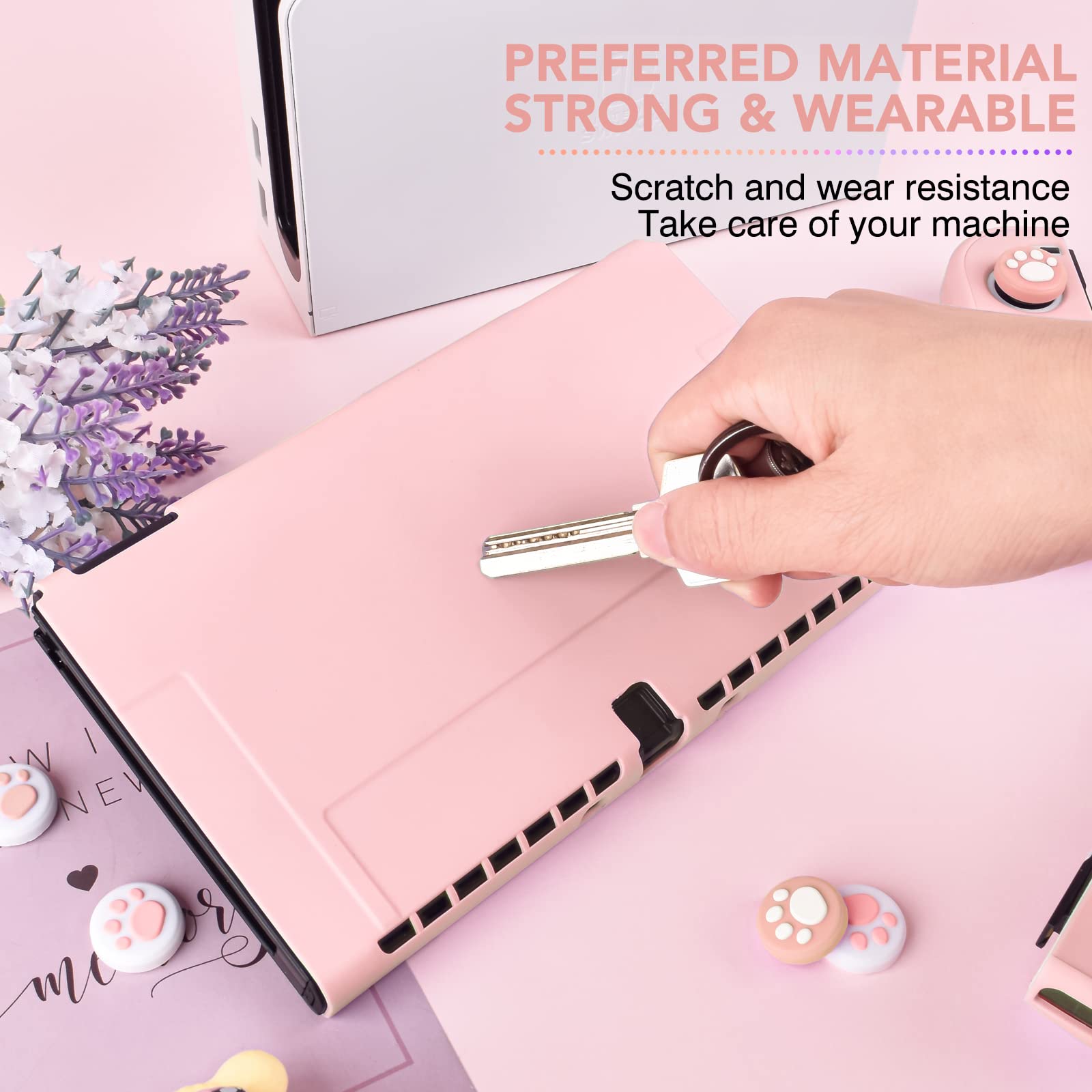DLseego Switch OLED Protective Case Dockable Hard Shell Anti-Scratch Cover Joycon Accessory Skin with 6PCS Thumb Grips Caps and 2Pc Screen Protectors - Pink