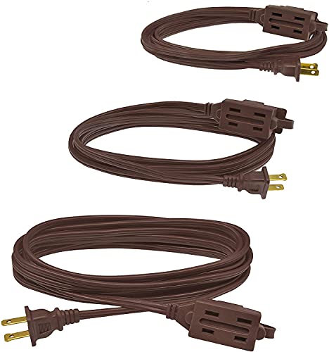 Clear Power 6/9/12 ft (3 Pack) Indoor Extension Cord, Brown, 3 Outlets with Safety Cap, 2 Prong Polarized Plug, Perfect for Homes, Offices, and Kitchens, 3 Variety Pack, DCIC-0216-DC