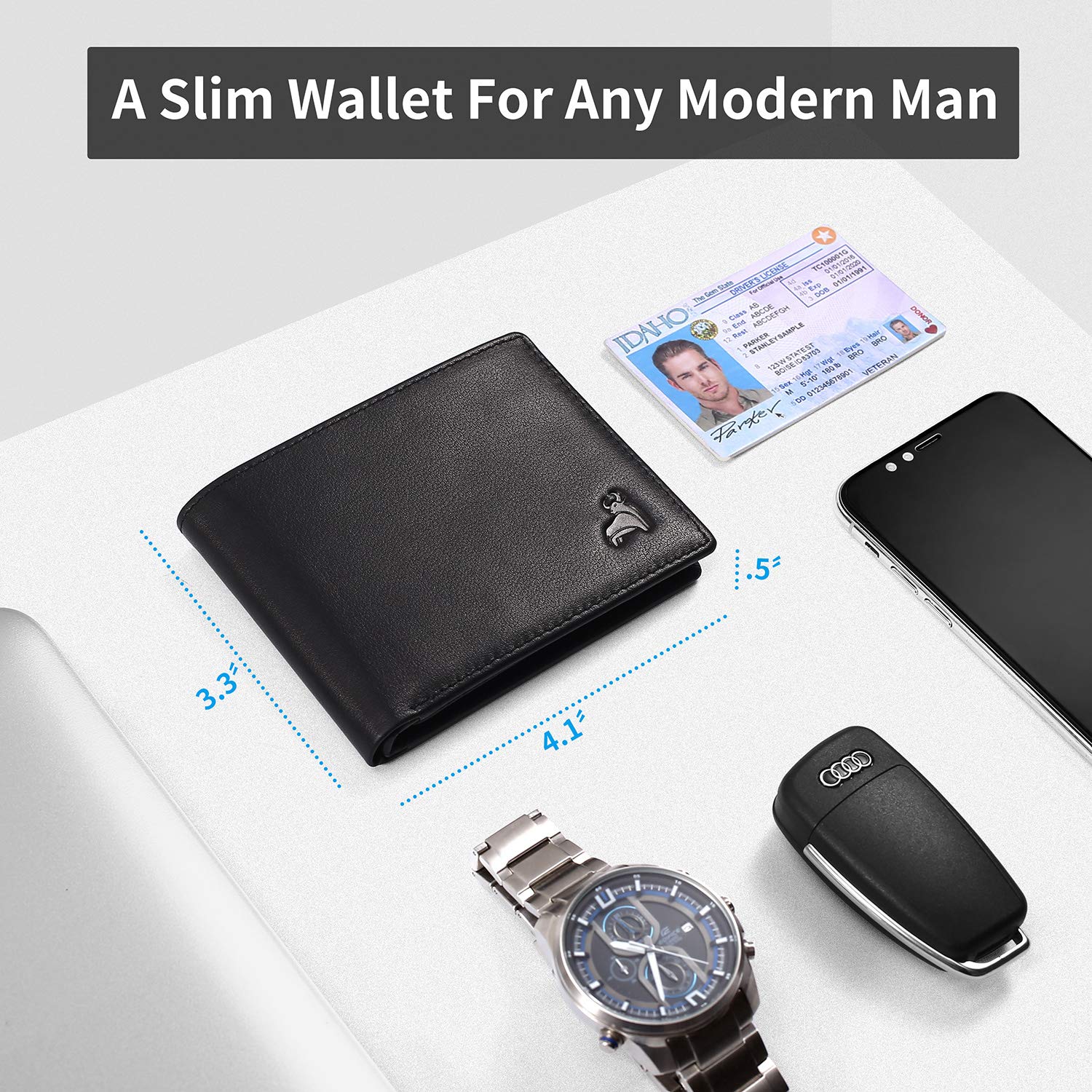 CALFART RFID Slim Front Pocket Wallets For Men - Genuine Leather Credit Card Mens Bifold Wallet With 2 ID Windows Zipper Coin Stylish Passcase