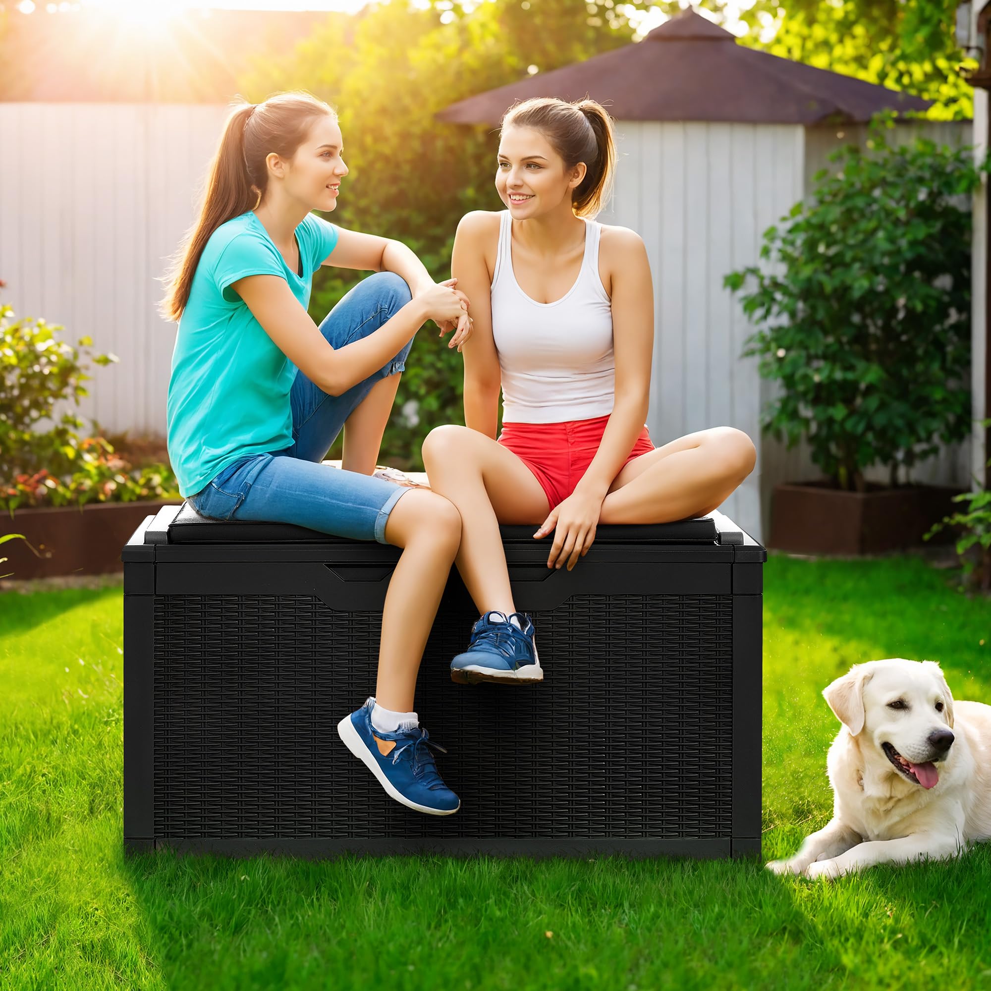 GUNJI 100 Gallon Resin Deck Box with Cushion,Outdoor Weatherproof Large Storage Box,Lockable Storage Container for Patio Furniture,Garden Tools,Pool Supplies (Black)