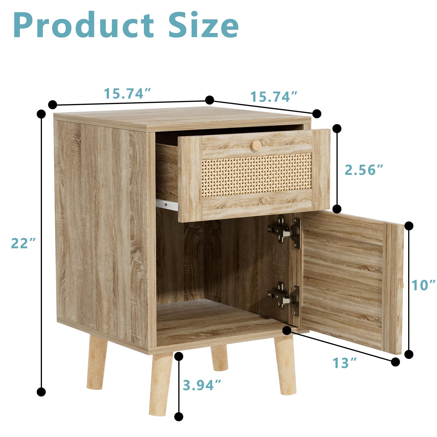 Breezestival Rattan-Like Nightstand with Storage, Boho Side Table with Rattan Material Decorated Drawer, Cabinet Door for Living Room, Bedroom
