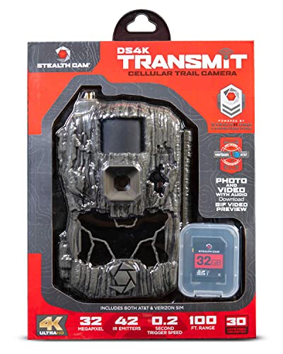 Stealth Cam DS4K Transmit Cellular AT&T OR VERIZON 32MP Photo & 4K at 30 FPS Day & Night Video 0.2 Sec Trigger Speed Hunting Game Camera - Supports SD Cards Up to 128GB