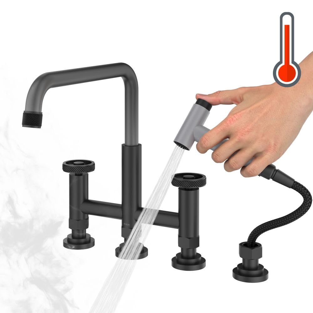 KRAUS Urbix Color-Changing Industrial Bridge Kitchen Faucet with Side Sprayer and ColorSmart Technology in Matte Black/Grey, KPF-3125MBGRCC