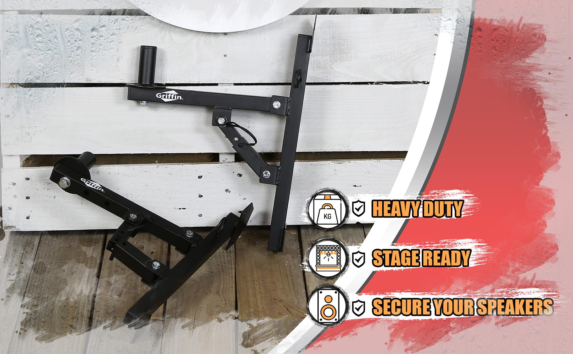 Premium PA Speakers Wall Mount Brackets By GRIFFIN | Set Of 2 All Steel Pro-Audio Speaker 35mm Pole Holder | Securing Locking Pin & 3 Horizontal Level Tilt Adjustments | On Stage Studio Monitor Stands