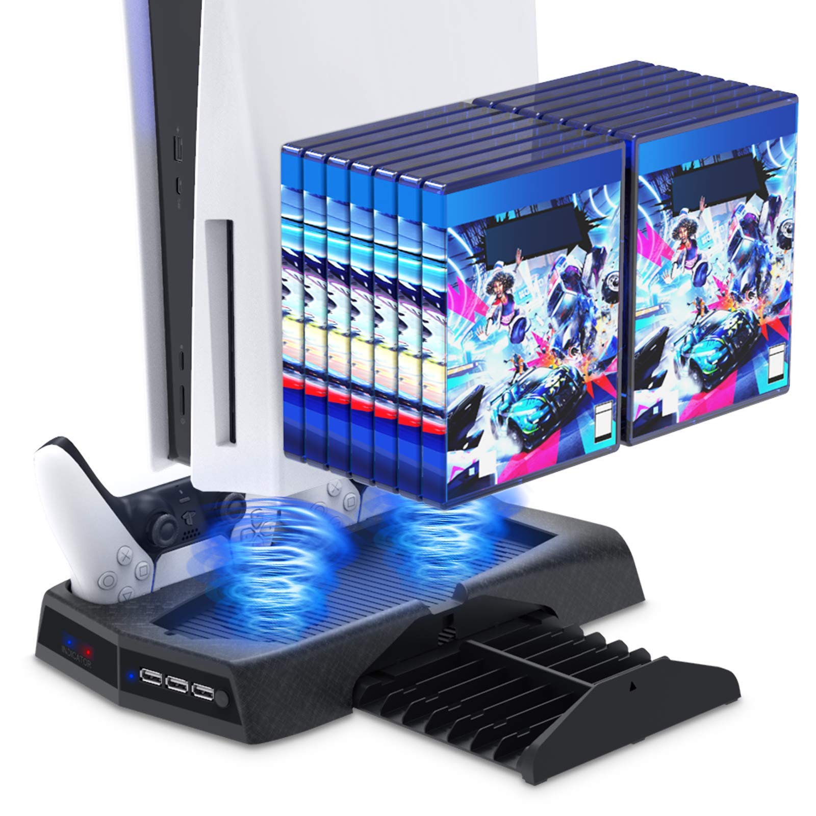 Cooling Charger Station Compatible with Playstation 5 - Auarte Controller Charging Dock Station with Cooler System, Dual Controller Charger for Dualsense with LED Indicators & 14 Games Slots