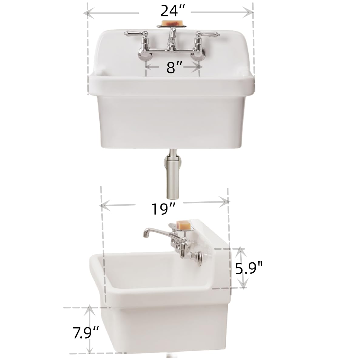 ELLAI 24 Inch White Ceramic Farm Style Wall Mount Utility Sink High Back Wall Mounted Laundry Tub 10 Gallon Farmhouse Sink Slop Sink for Laundry Room, Garage, Kitchen, Bathroom 24" x 19" x 16.5"