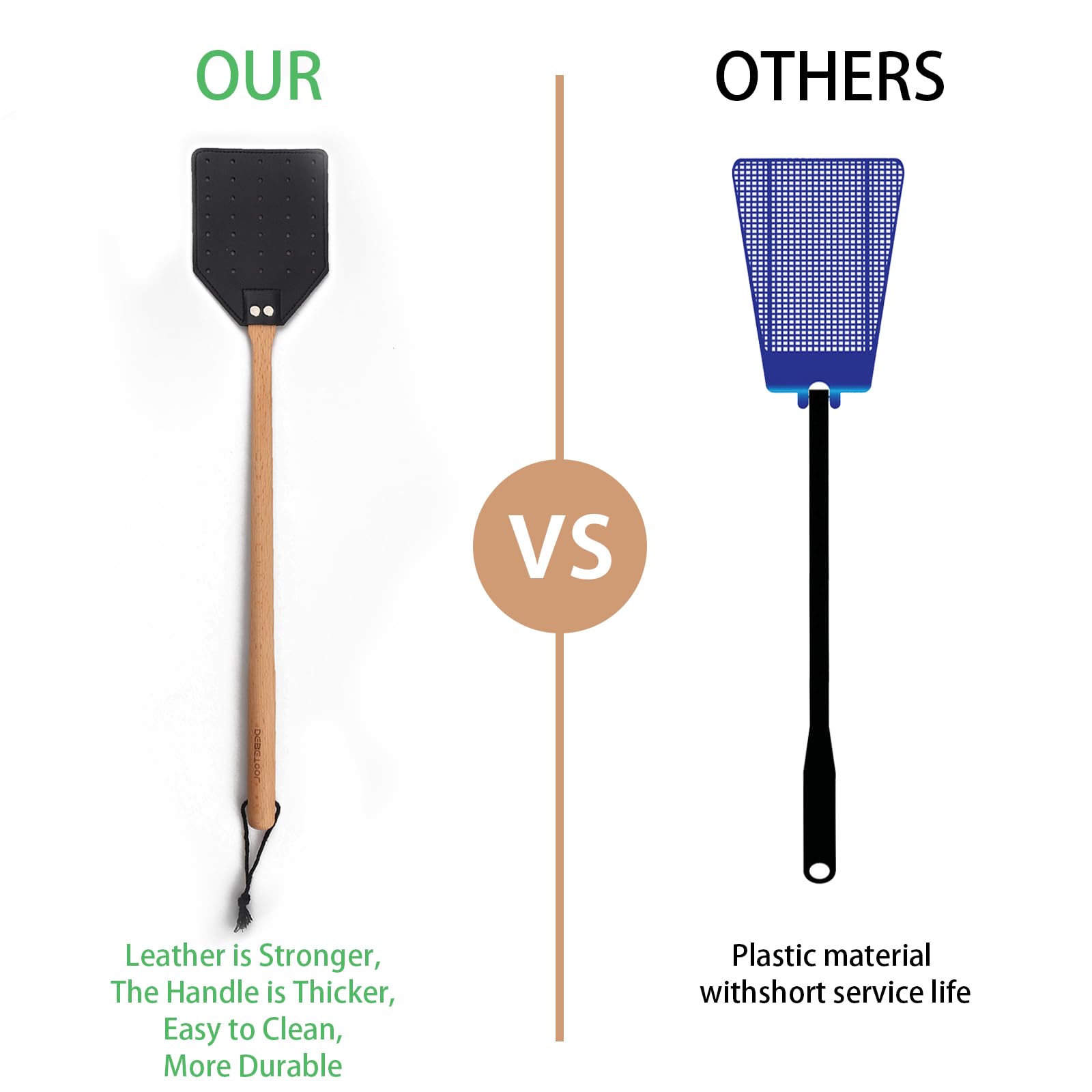 DEBETOOL 2 Pack Sturdy Leather Fly Swatter for Indoors - (19.7β)Long Handle Heavy Duty Wood Fly Swatter With Hanging Rope, Durable Fly Swatter for Outdoor Rustic Bug Swatter Flies,Mosquitoes And Bees