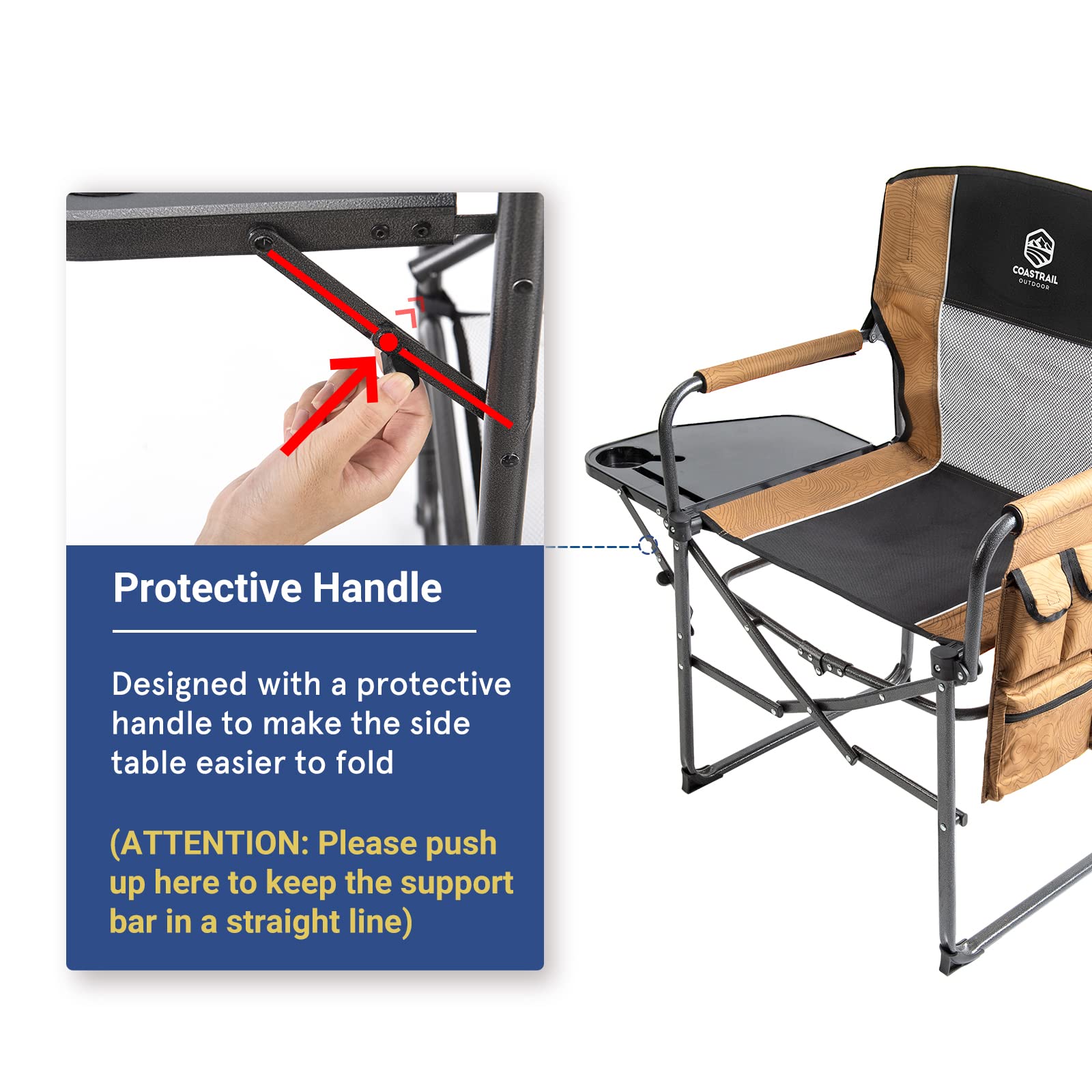 Coastrail Outdoor Directors Chair Extra Compact Folding Camping Chair with Large Side Table, Breathable Mesh Back, Cup & Phone Holder, Storage Pockets & Handle, Bonus Carry Bag,Khaki, X-Large
