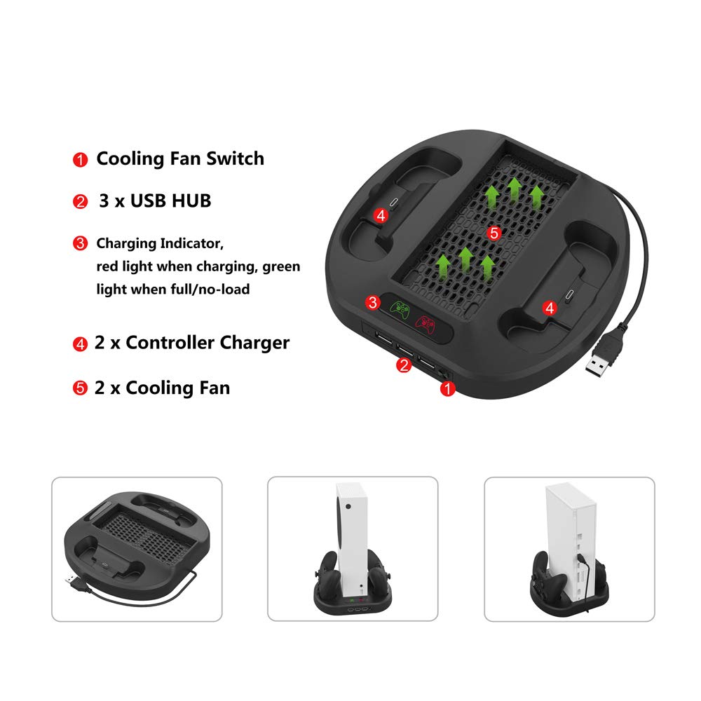 Cooling Vertical Stand for Xbox Series S Console with 2 Fans, 2 Charging Station with 3 USB Ports, 2 Pack Rechargeable Batteries for Microsoft Xbox Series S and Controller (Black Black)