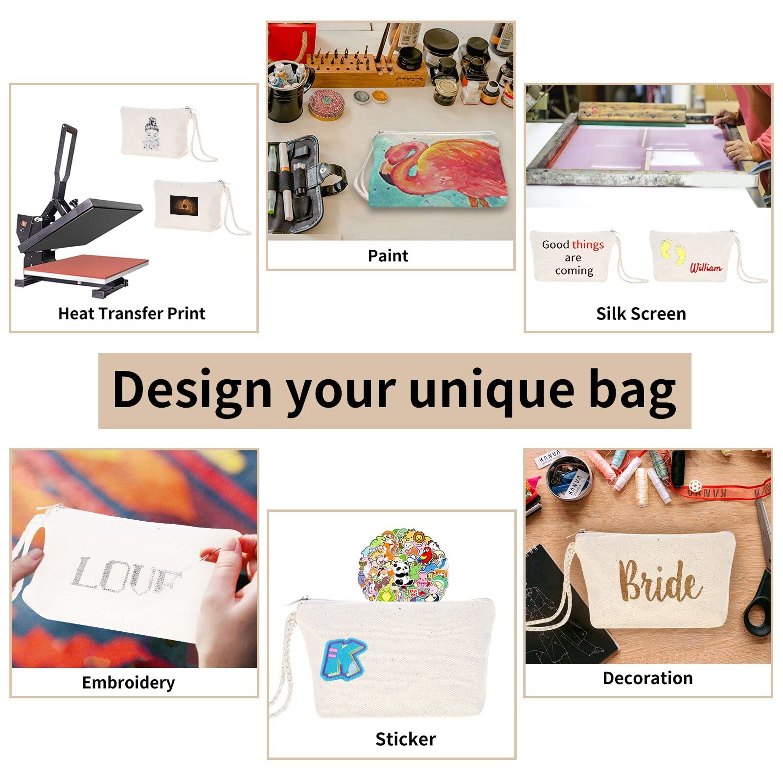 Muka 12 Pack 100% Cotton Canvas Bag with Lining, 7-1/2 x 4-1/4 x 2 Inches Wristlet Natural Pouch