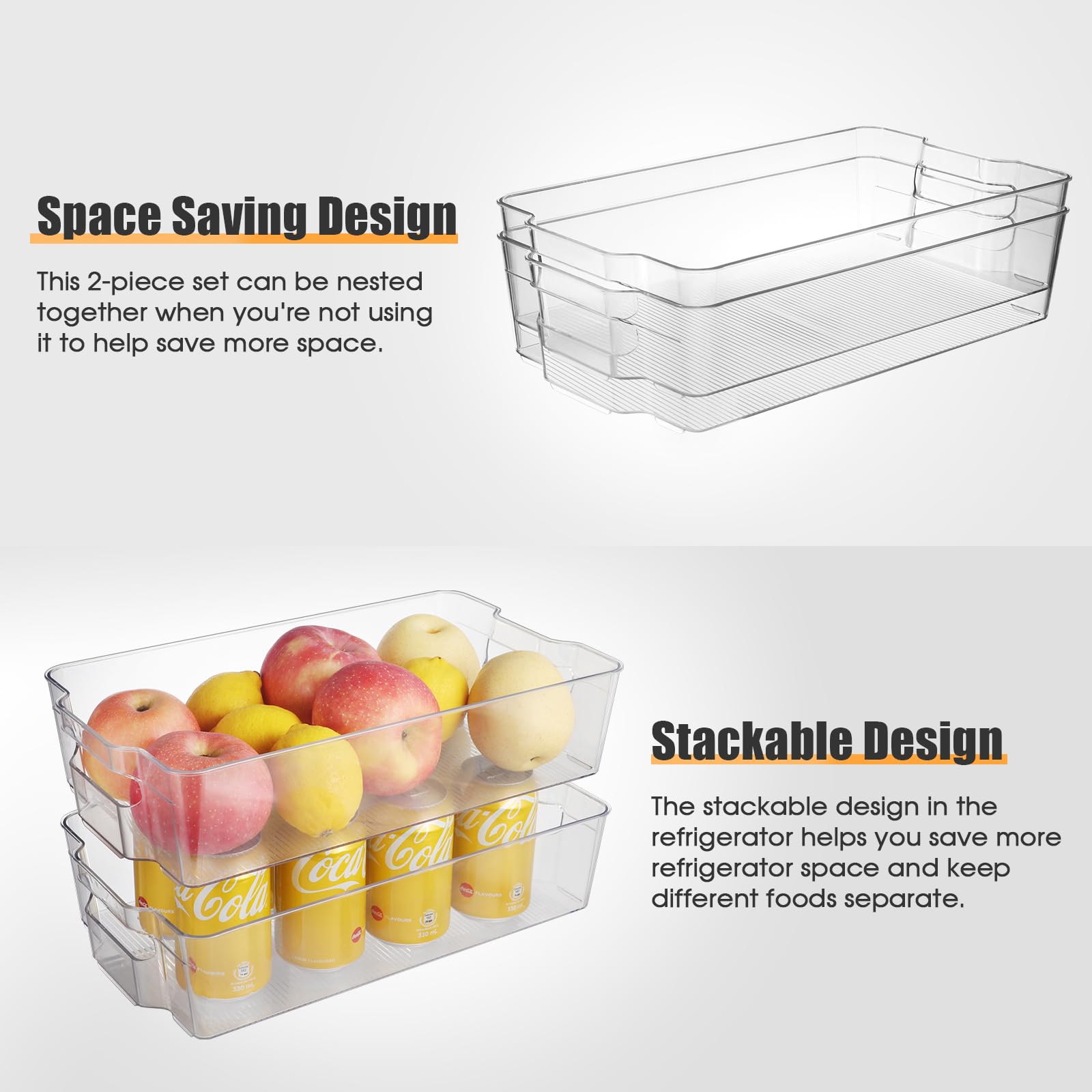 CherHome Refrigerator Organizer Bins,2PCS Plastic Storage Bins for Freezer,Cabinet&Pantry,Stackable Freezer Organizer Bins with Built-in Handle,Clear Bins for Kitchen Storage (15 X 8.5 X 3.5in)