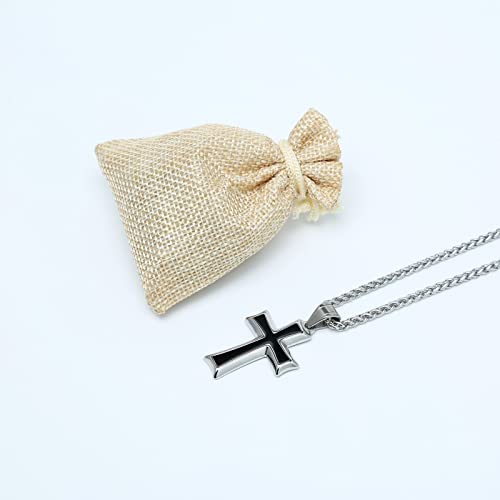 HZMAN Mens Stainless Steel Cross Pendant Necklace Flower Basket Chain (Silver)