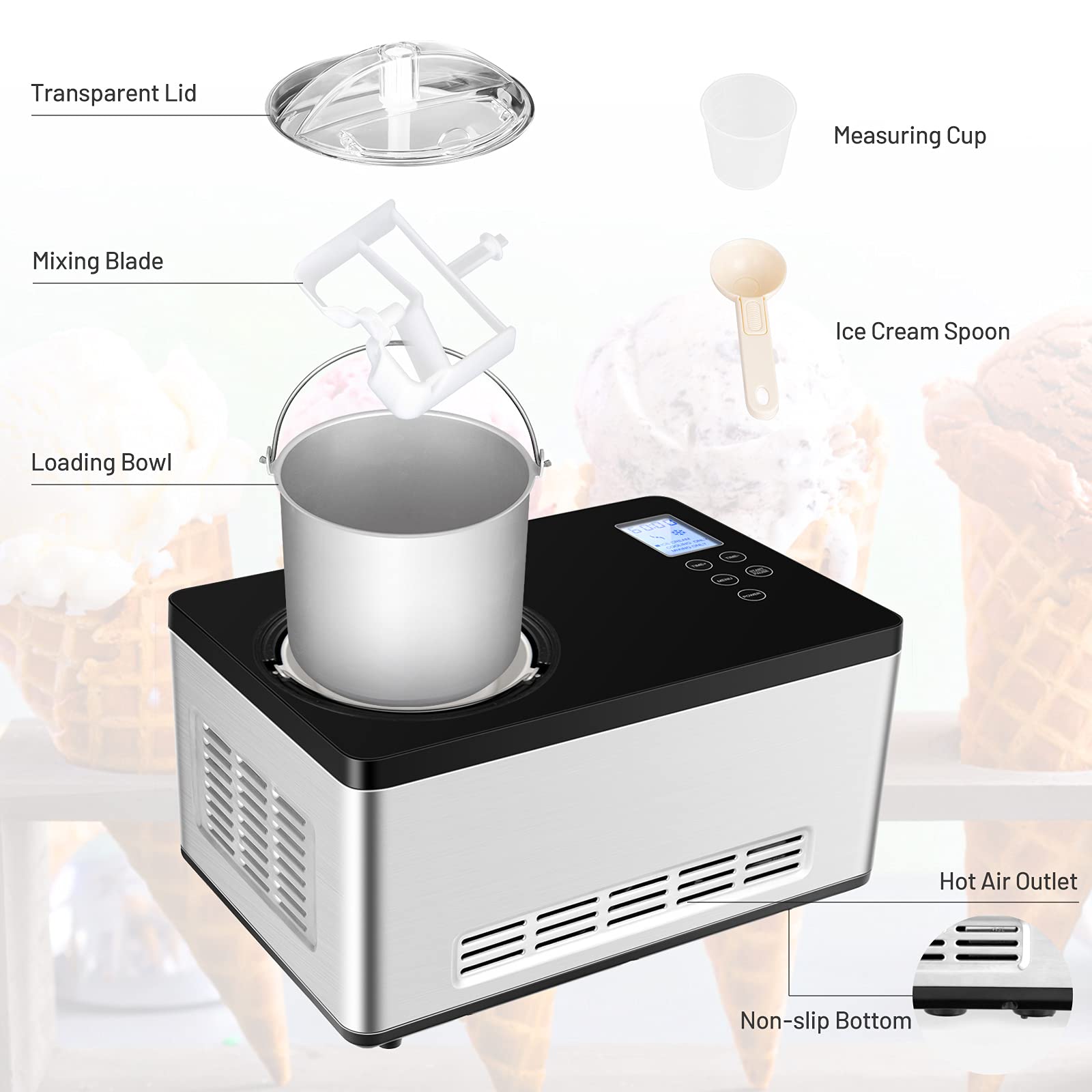 COSTWAY Ice Cream Maker, 2.1-Quart Automatic Countertop Ice Cream Machine with LCD Digital Display, Built-in Compressor, Timer Control, Mixing Bowl, Electric Fruit Yogurt Machine