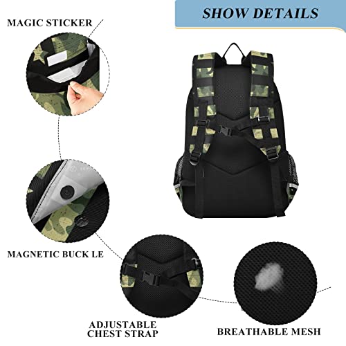 Vnurnrn Kids Backpack American Flag with Green Camo Print Big Storage Multi Pockets 17.7 IN School Backpack with Chest Buckle Reflective Strip for Boys Girls 6+ years in Primary Middle High School