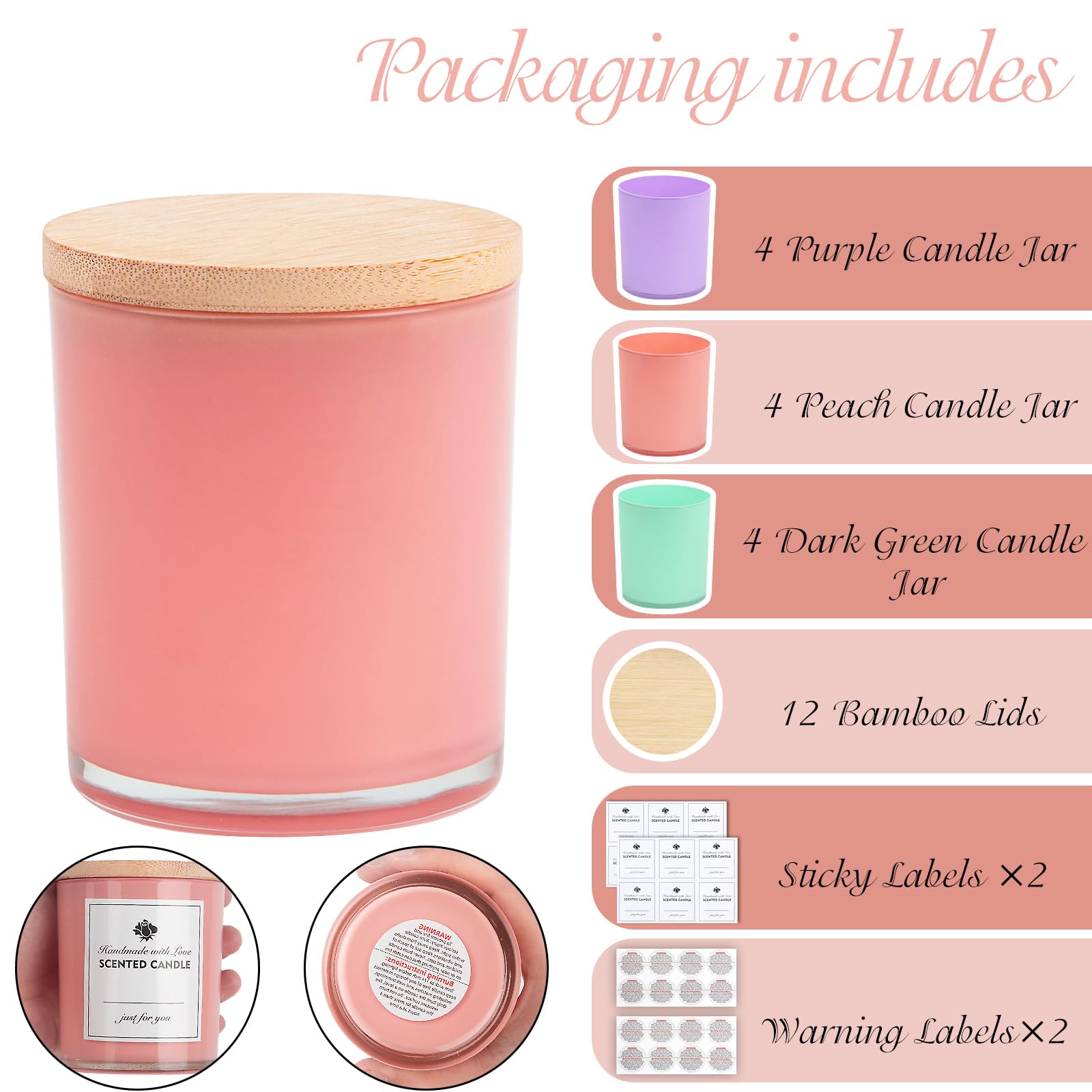 CONNOO 12 Pack 10 OZ Spring Color Glass Candle Jars for Making Candles with Airtight Bamboo Lids Nice Sticky Warning Labels for Candle Making Empty Container Bulk - Dishwasher Safe