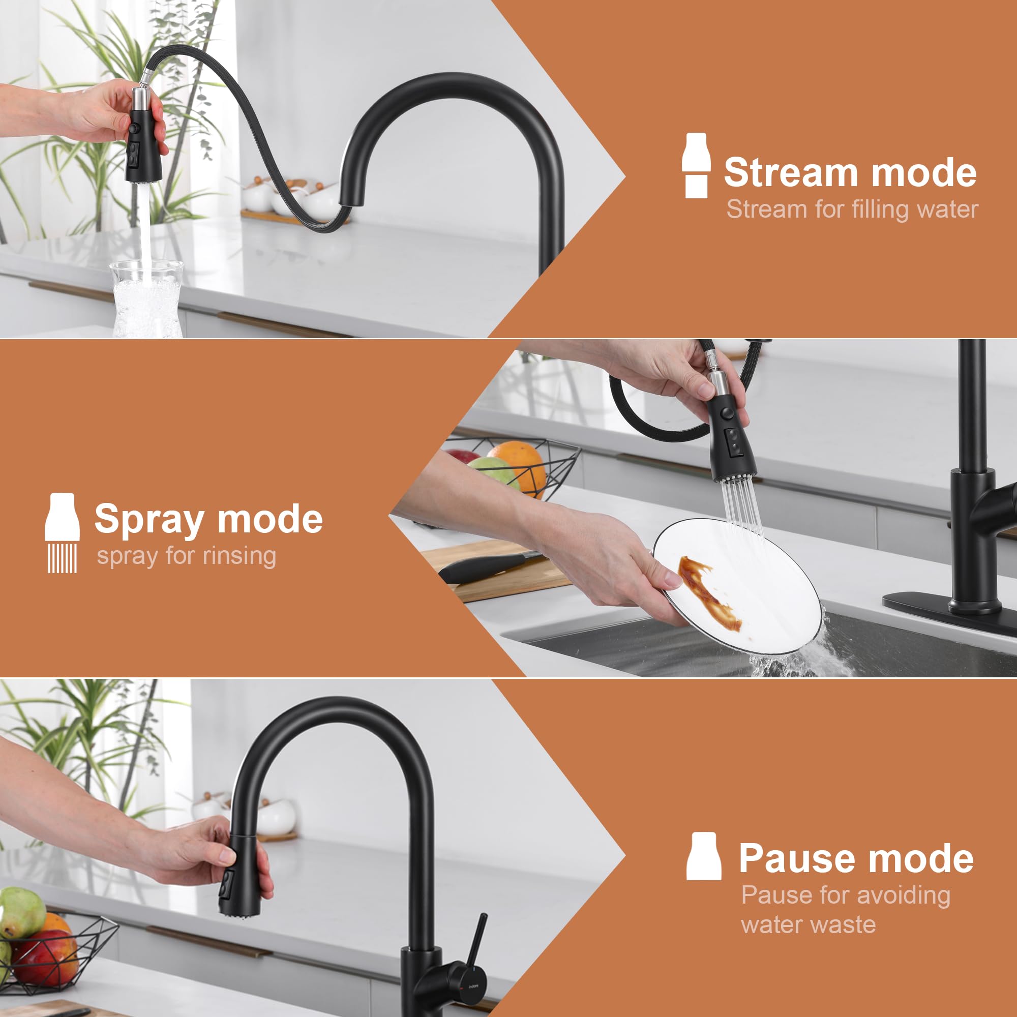 Indare Kitchen Faucets, Kitchen Faucet with Pull-Down Sprayer, Matte Black Kitchen Faucet with Deck Plate, Kitchen Faucet with Sprayer