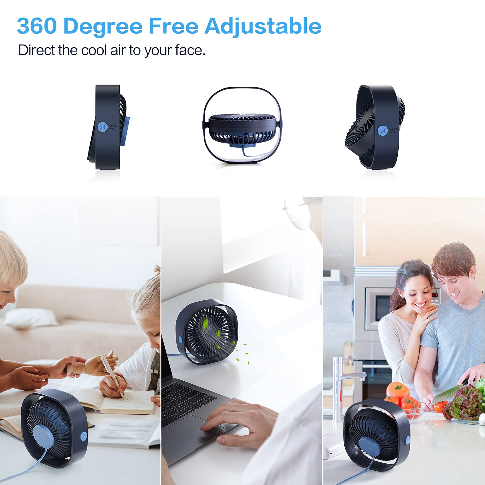 XDW Usb Fan Small Personal USB Desk Fan,3 Speeds Portable Desktop Table Cooling Fan Powered by USB,Strong Wind,Quiet Operation,for Home Office Car Outdoor Travel (Navy Blue)