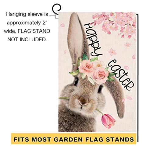 Easter Bunny Garden Flag 12x18 Vertical Double Sided Gray Rabbit Spring Floral Tulip Farmhouse Holiday Outside Decorations Burlap Yard Flag BW278